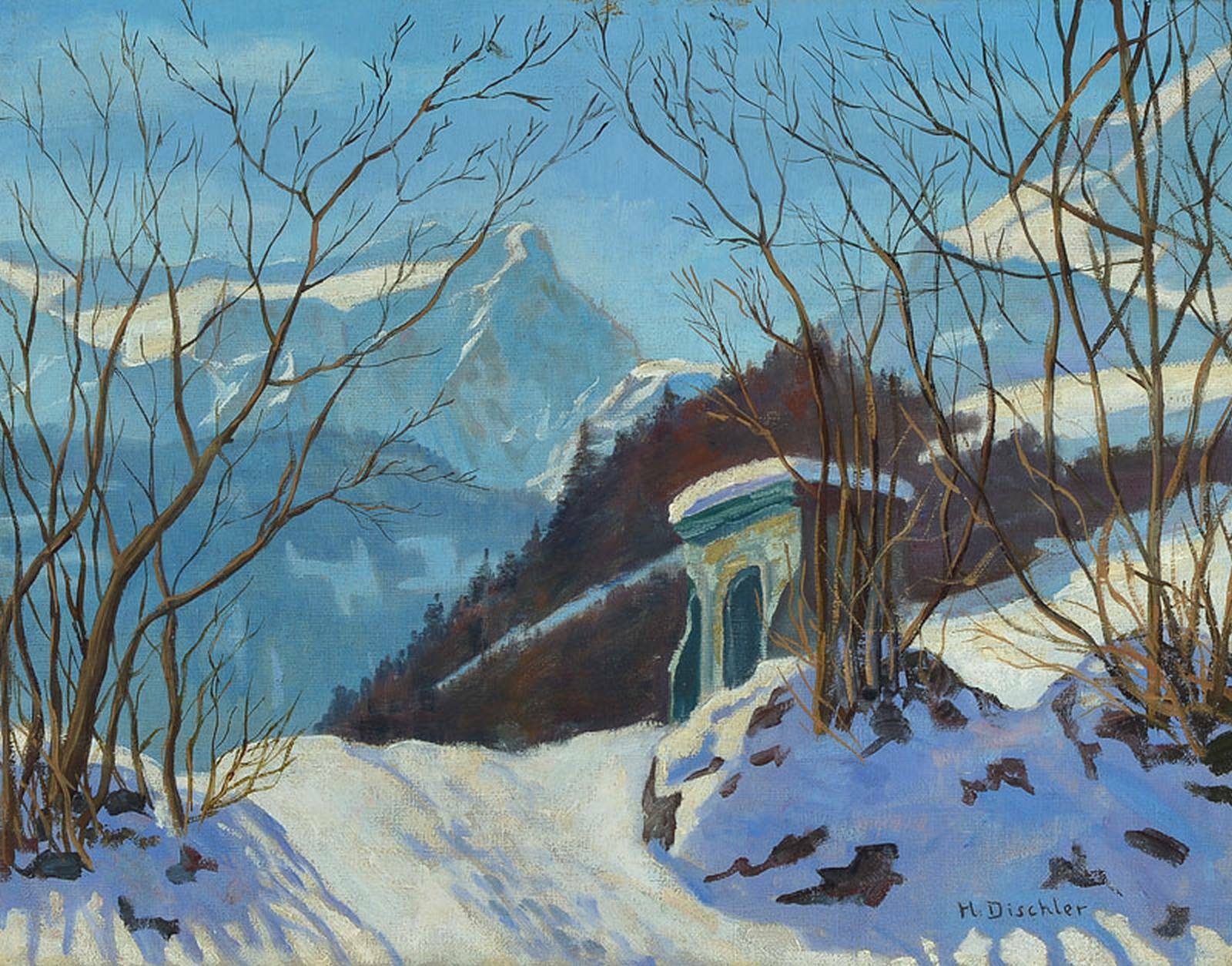 Hermann Dischler | Snowy winter landscape with small chapel | MutualArt