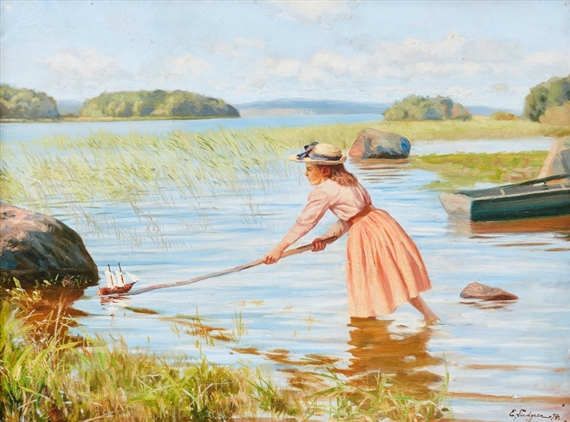 Emil Lindgren | Sommarbild med lekande flicka vid strandkanten (1894 ...