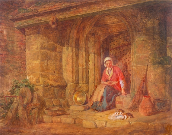 Alfred Provis | Girl watching kittens drinking milk (1886) | MutualArt