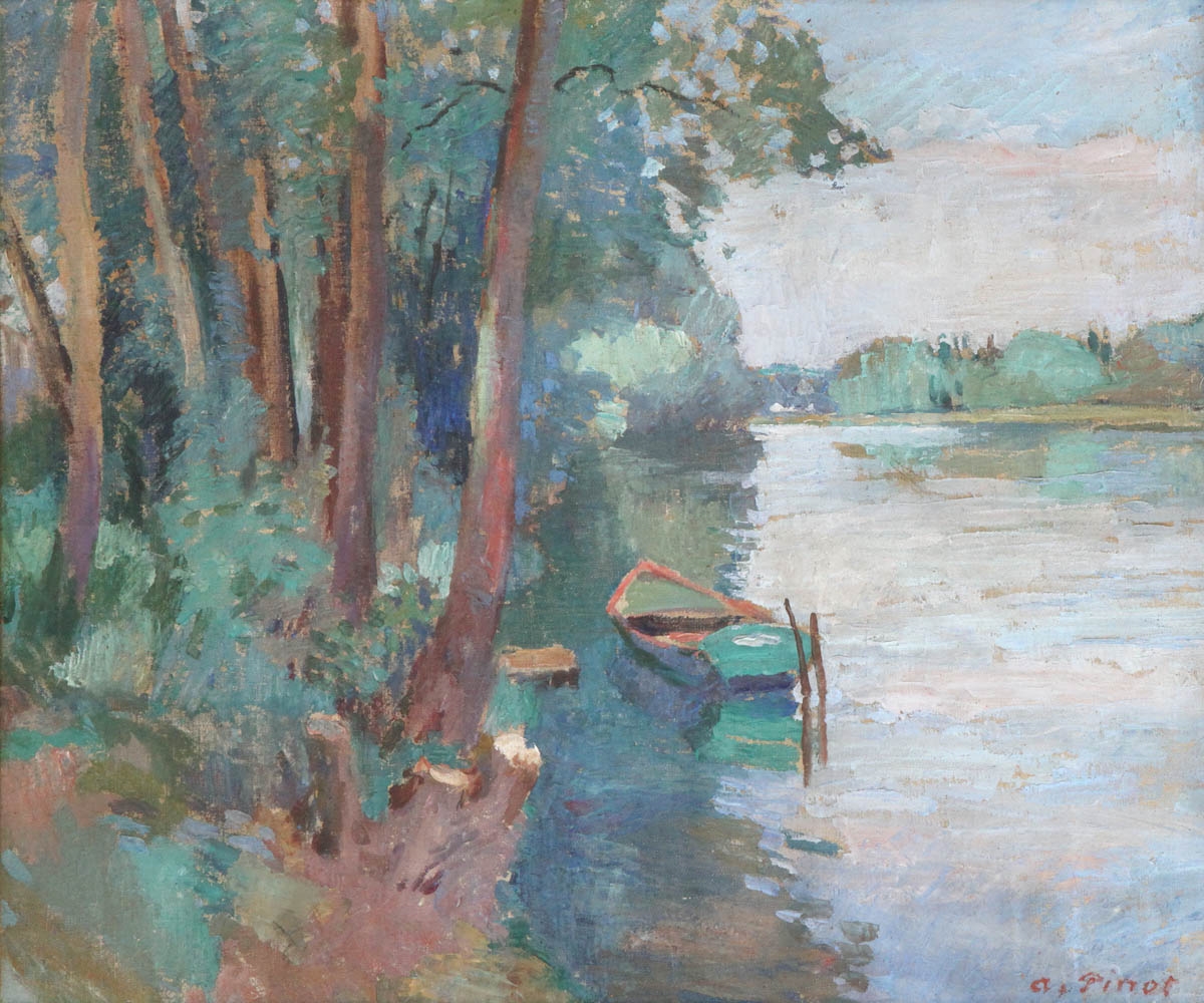 Albert Pinot | River landscape with sloop near the shore | MutualArt