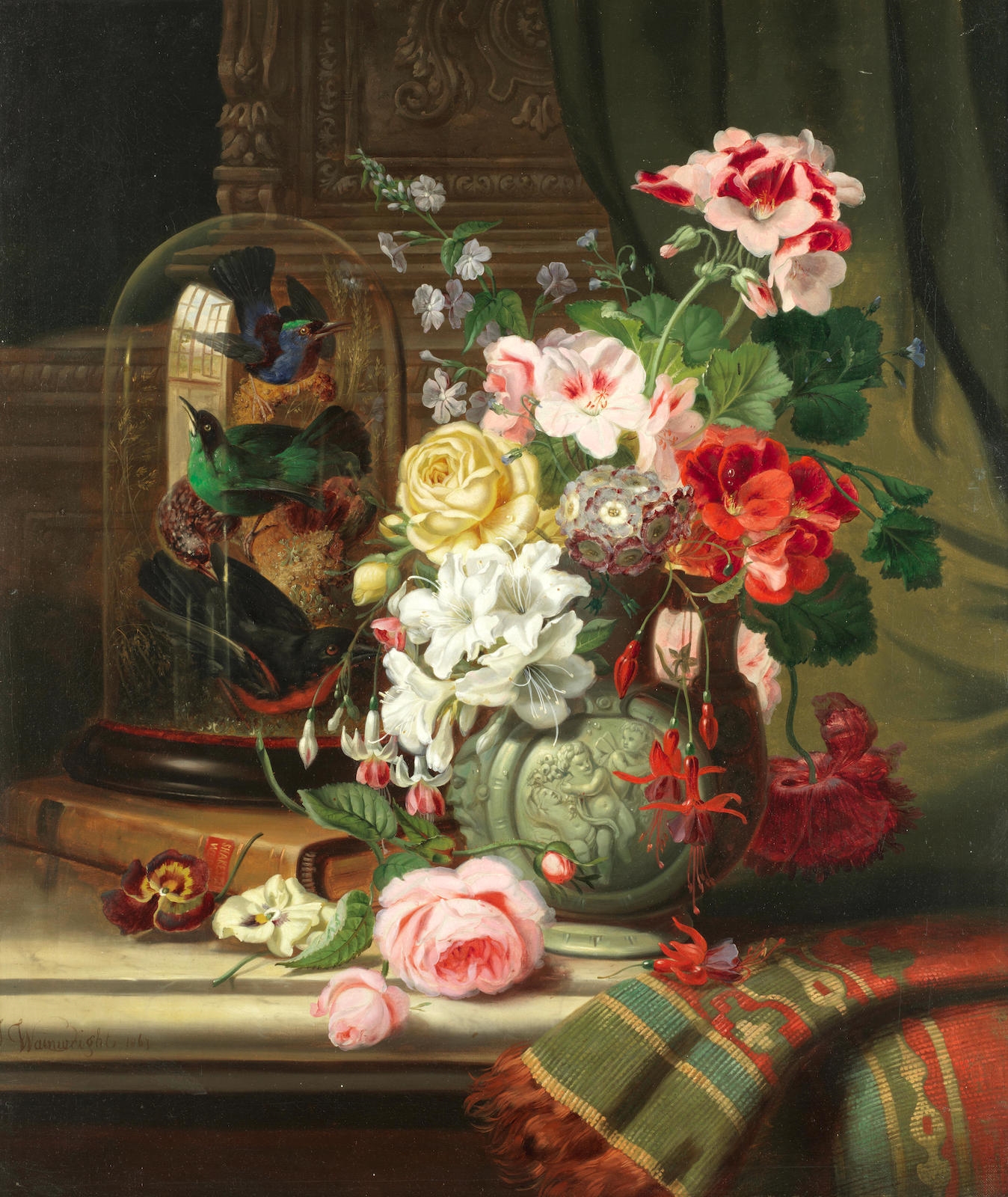 John Wainwright | Still life of flowers and song birds in a glass dome ...