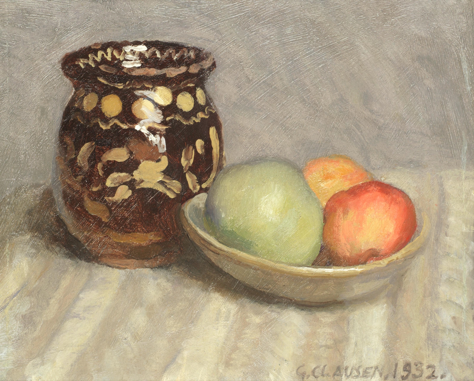 George Clausen | Still life of fruit and a vase (1932) | MutualArt