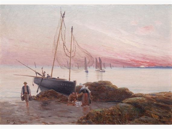 Alfred Guillou | Retour de pêche sur la grève au coucher de soleil ...