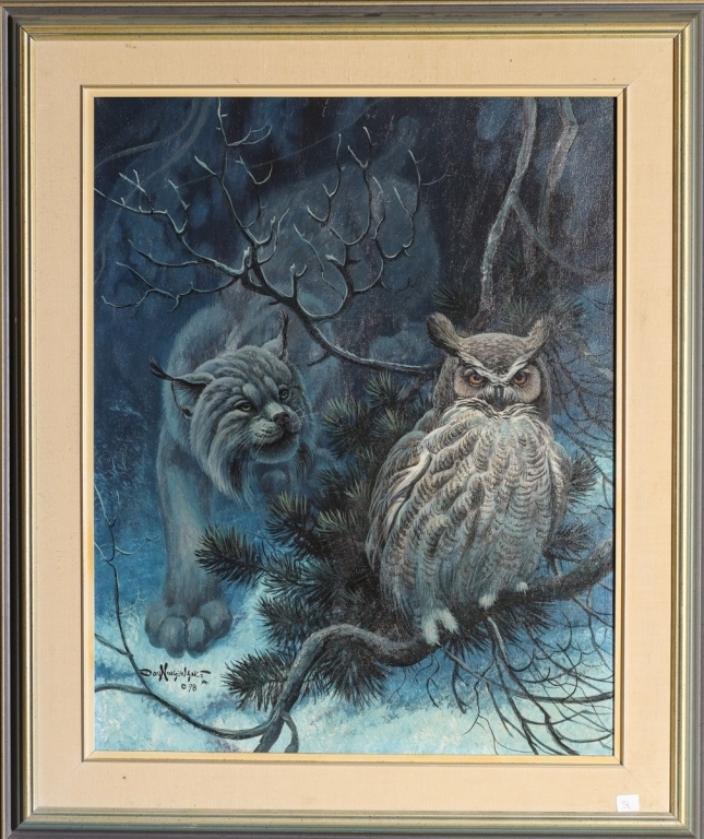 Don Ningewance | Lynx and unsuspecting owl at night | MutualArt