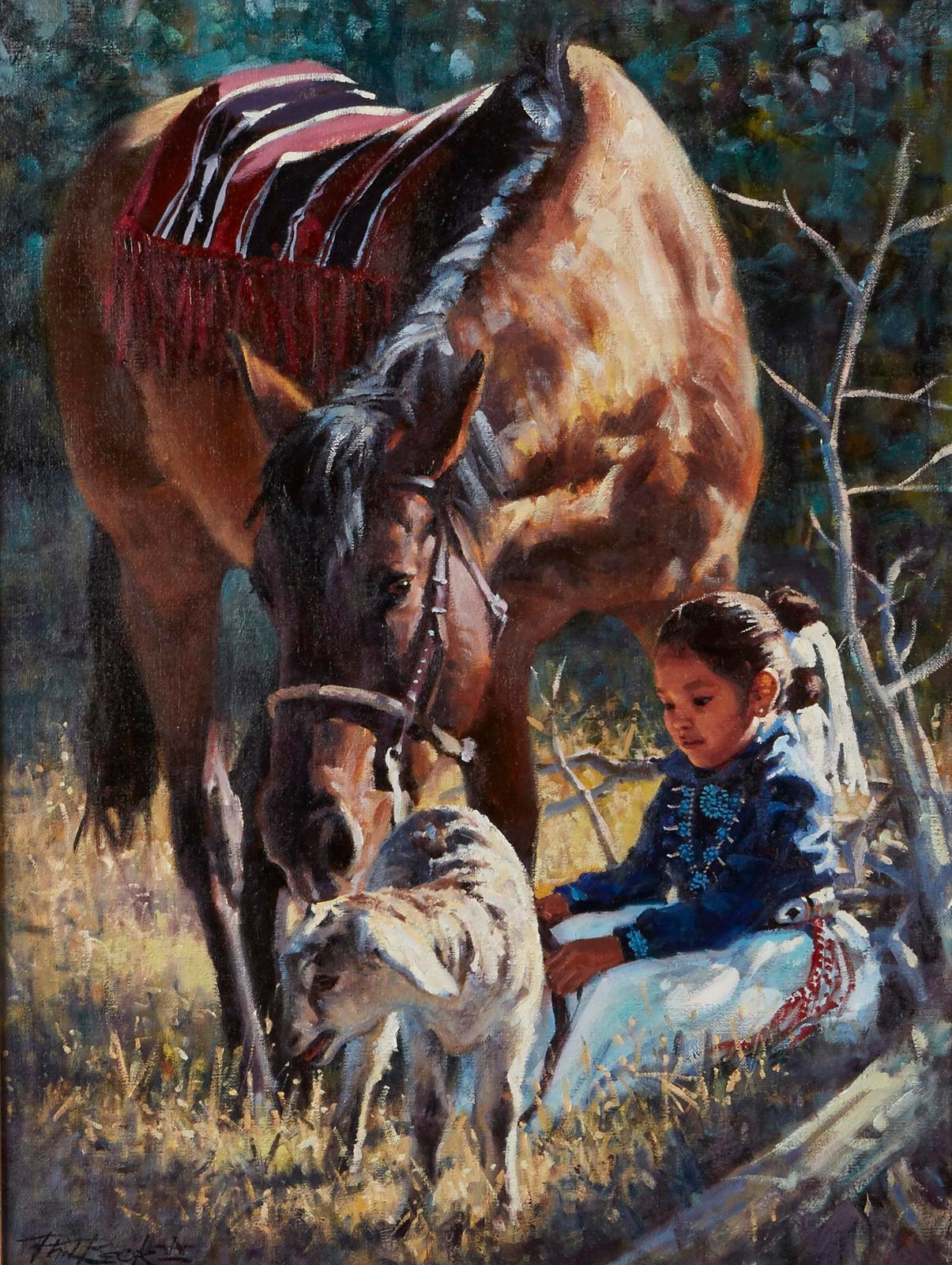 Phil Beck | A seated young girl with horse and lamb | MutualArt