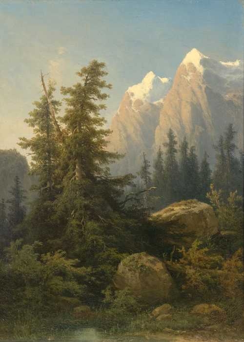 Alexandre Calame | A figure on a beaten track by a lake, with mountains ...