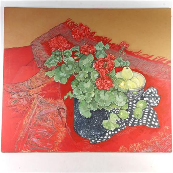 Loren Dunlap | Floral still life with geraniums and apples | MutualArt