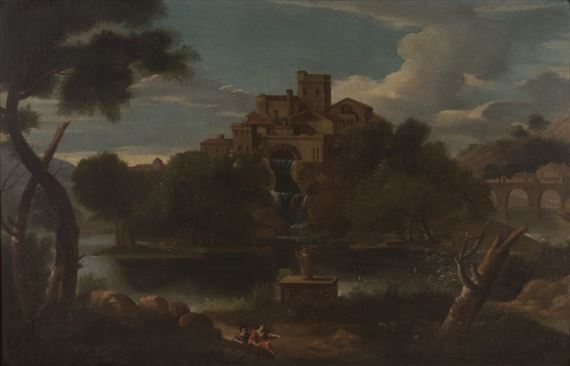 Nicolas Poussin | PAESAGGIO IDEALE CON BORGO ANTICO E CASCATE | MutualArt