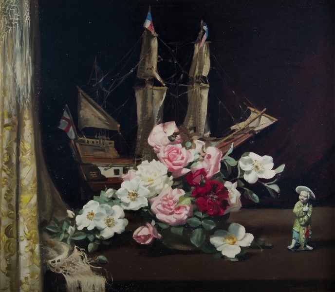 Violet McInnes | Still Life with Flower Arrangement & Model Ship (1934 ...