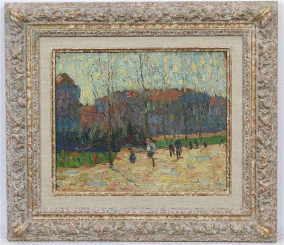Jaap Weyand | Stadsgezicht met figuren op een bomen allee | MutualArt