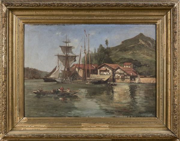 Gustave Colin | PROMENEURS EN BARQUE DANS UN PETIT PORT DU PAYS BASQUE ...