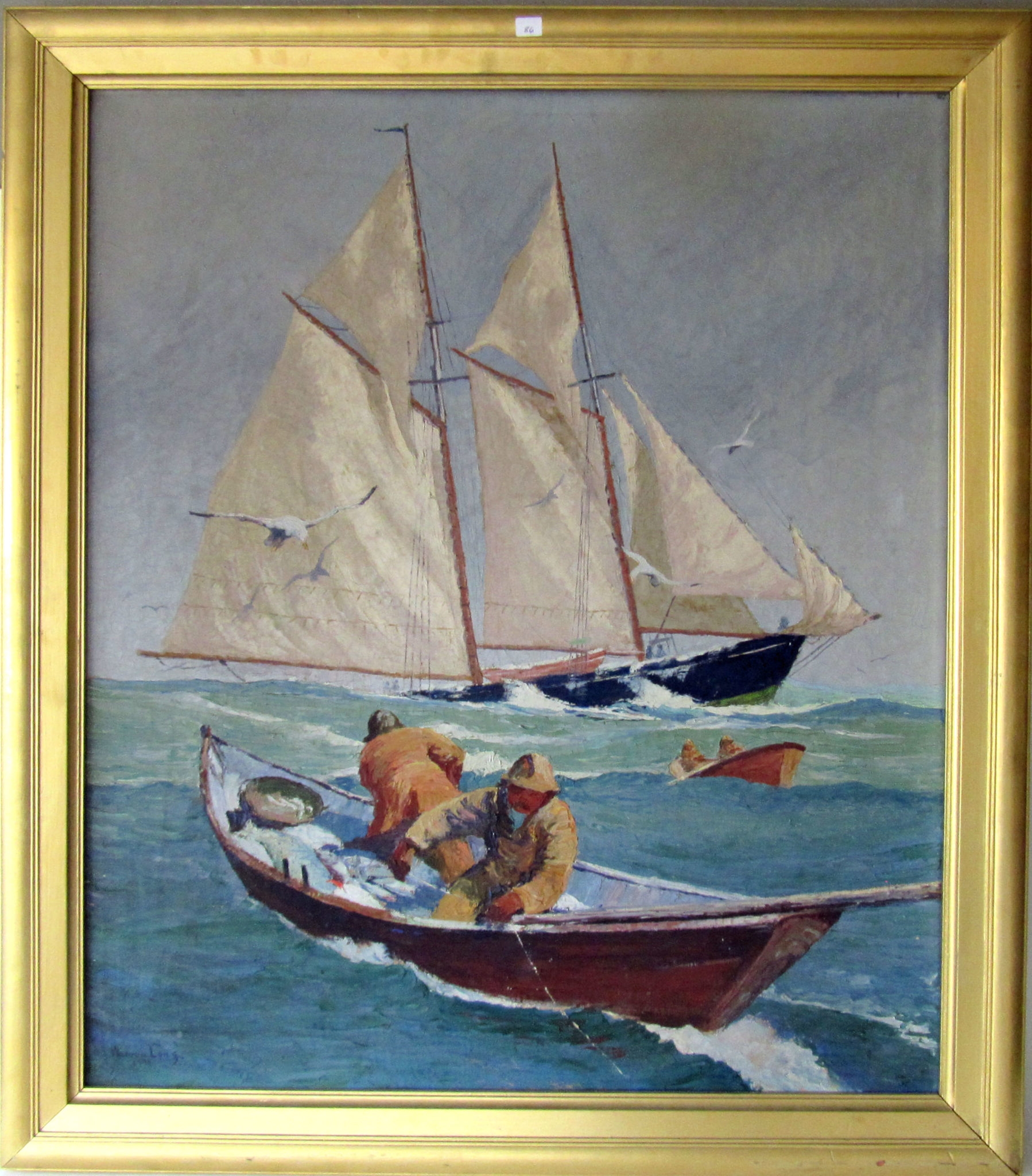 Warren Long | Marine scene with schooner and dories | MutualArt