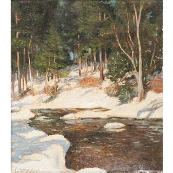 Willard Leroy Metcalf | Winter Forest Scene with Stream (1908) | MutualArt