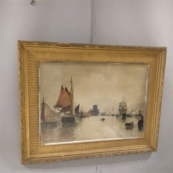 Gabriel Thompson | Rowboat and Ships in a Harbor | MutualArt