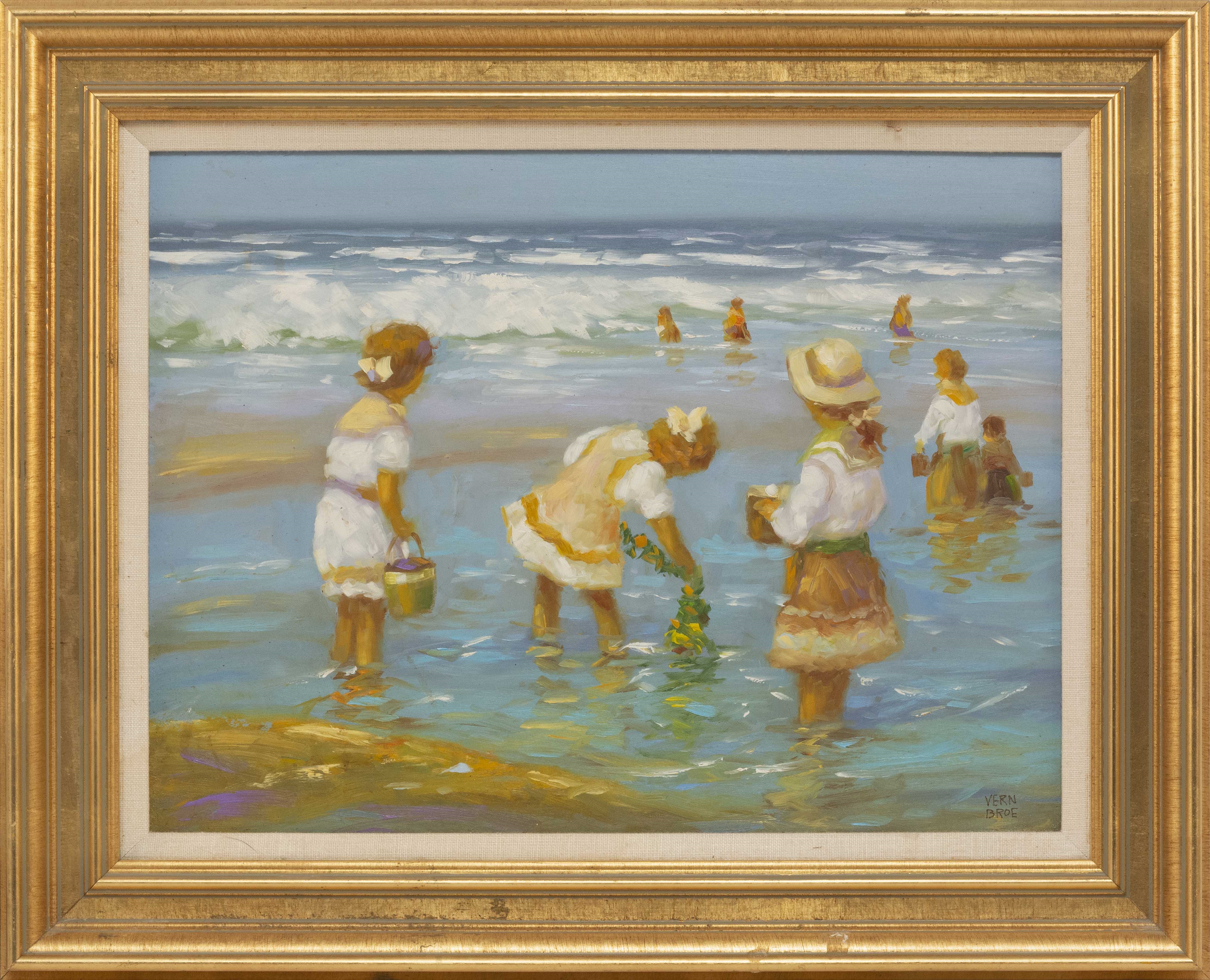 Vern Broe | Children playing at the ocean's edge | MutualArt