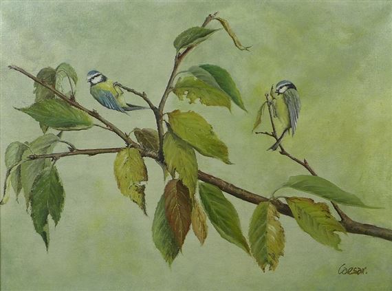 John Caesar Smith | Two blue tits on a leafy cherry tree branch | MutualArt