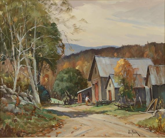 Otis Cook | Mountain Landscape with Farmer Entering Barn | MutualArt