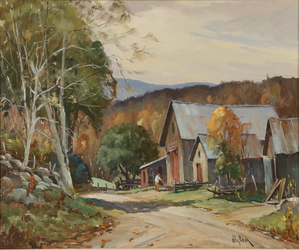 Otis Cook | Mountain Landscape with Farmer Entering Barn | MutualArt