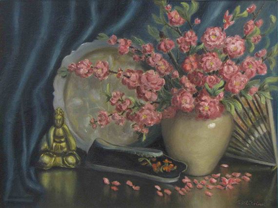 Edith Lilla Holmes | Cherry Blossom in Vase with Chinese Slipper ...