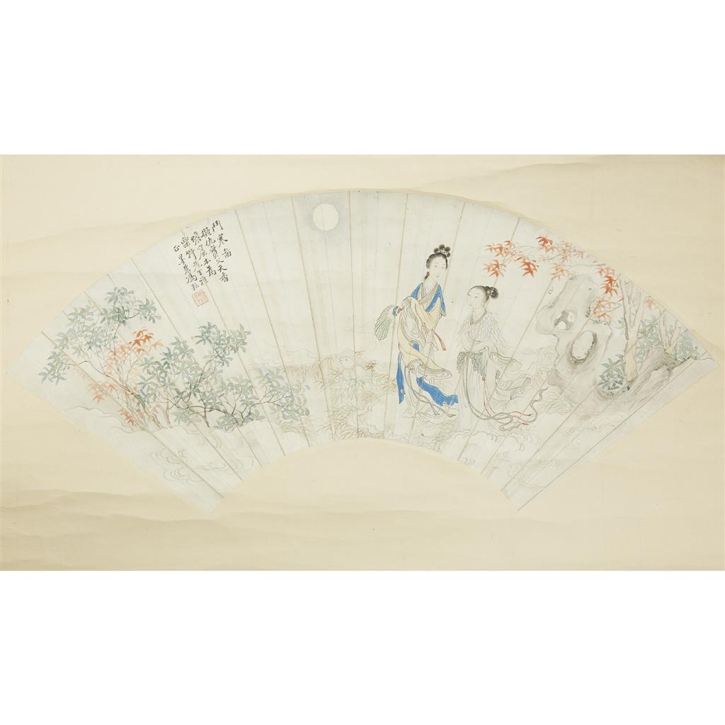 Feng Yun | TWO FAN PAINTINGS, GOLD CALLIGRAPHY AND TWO FEMALE IMMORTALS ...