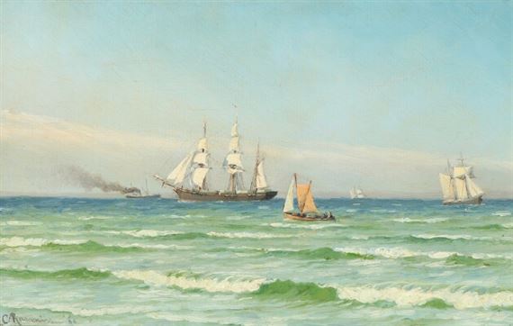 Hans Sophus Carl Rasmussen | Coastal scenery with numerous ships ...