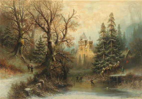 Albert Bredow | Romantic Winter Landscape with Ice Skaters by a Castle ...
