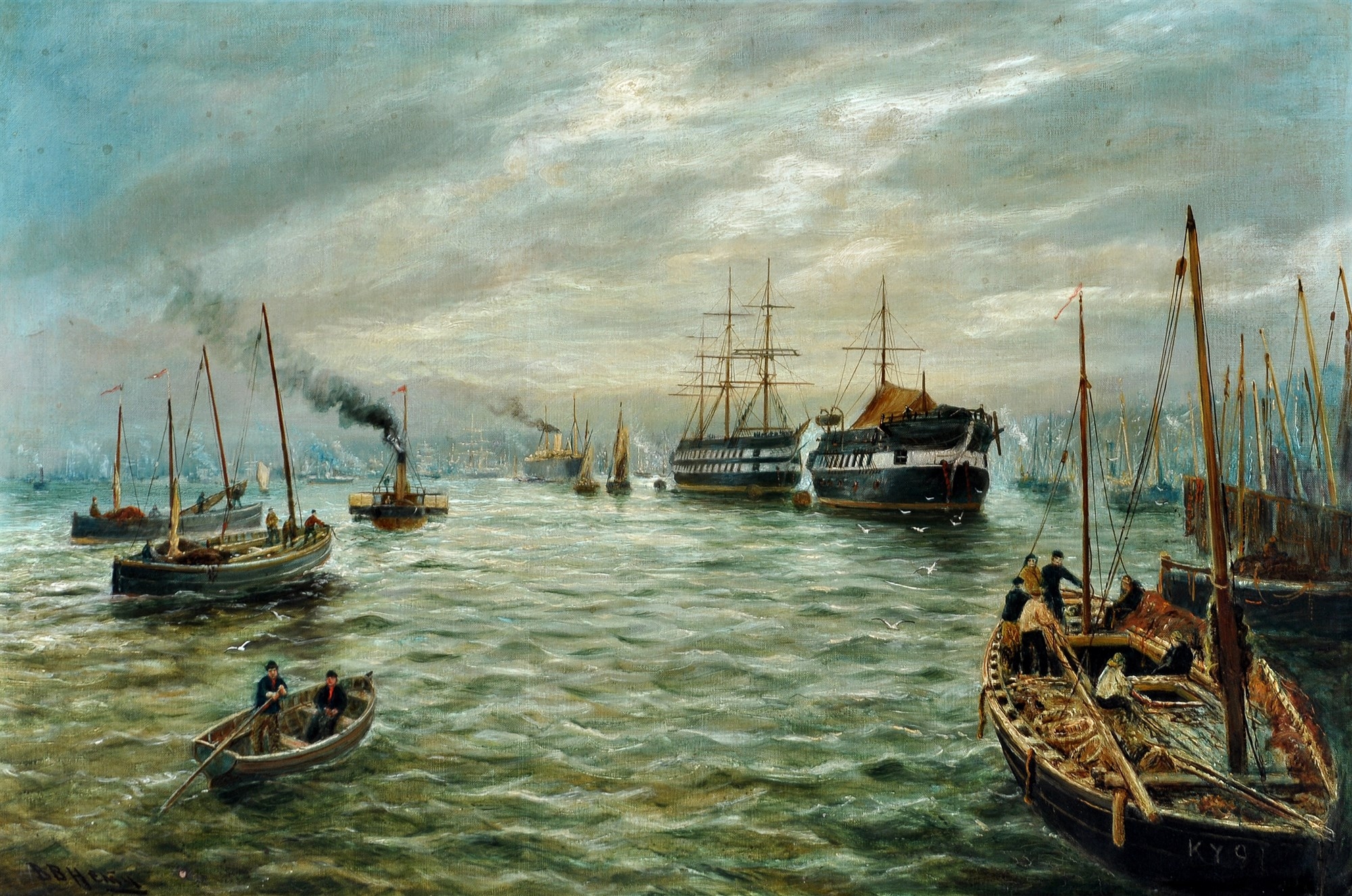 Bernard Benedict Hemy | North Shields harbour with fishing boats, a tug ...