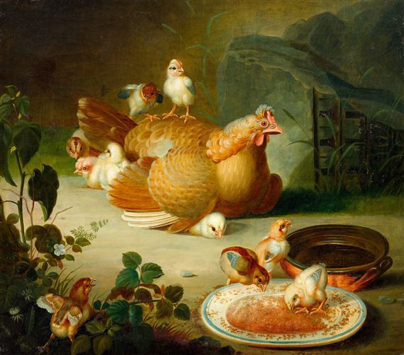 Jacob Samuel Beck | Hen with her chicks and a bowl of water | MutualArt