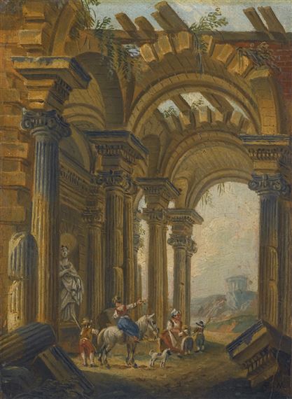 Hubert Robert | Capricci with figures at the base of classical ruins ...