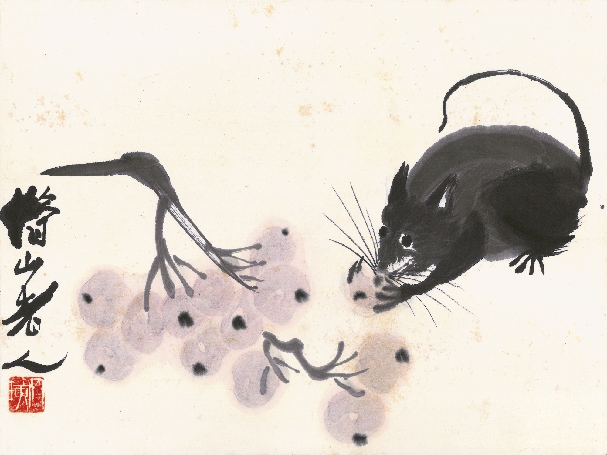 Qi Baishi | MOUSE GNAWING GRAPES | MutualArt
