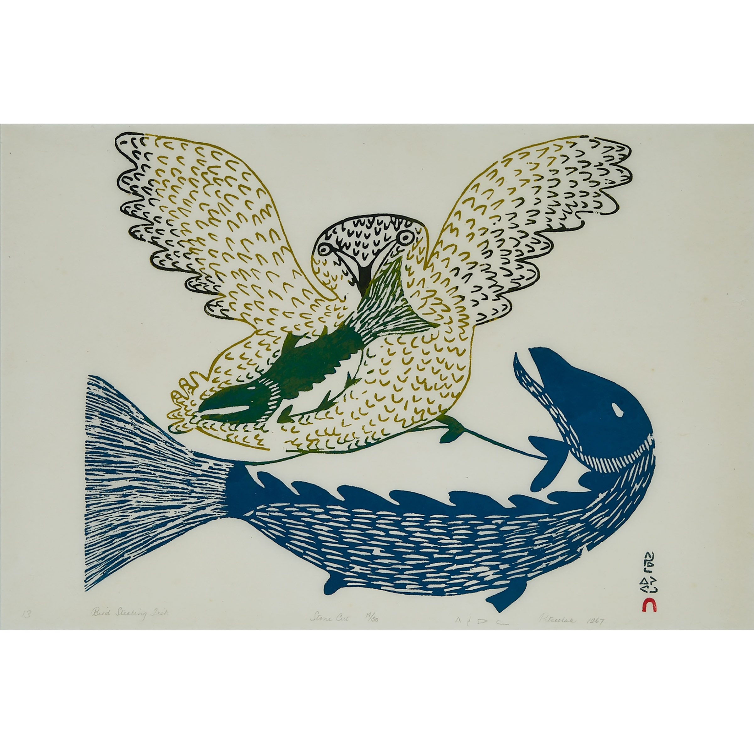 Pitseolak Ashoona | BIRD STEALING FISH (1967) | MutualArt