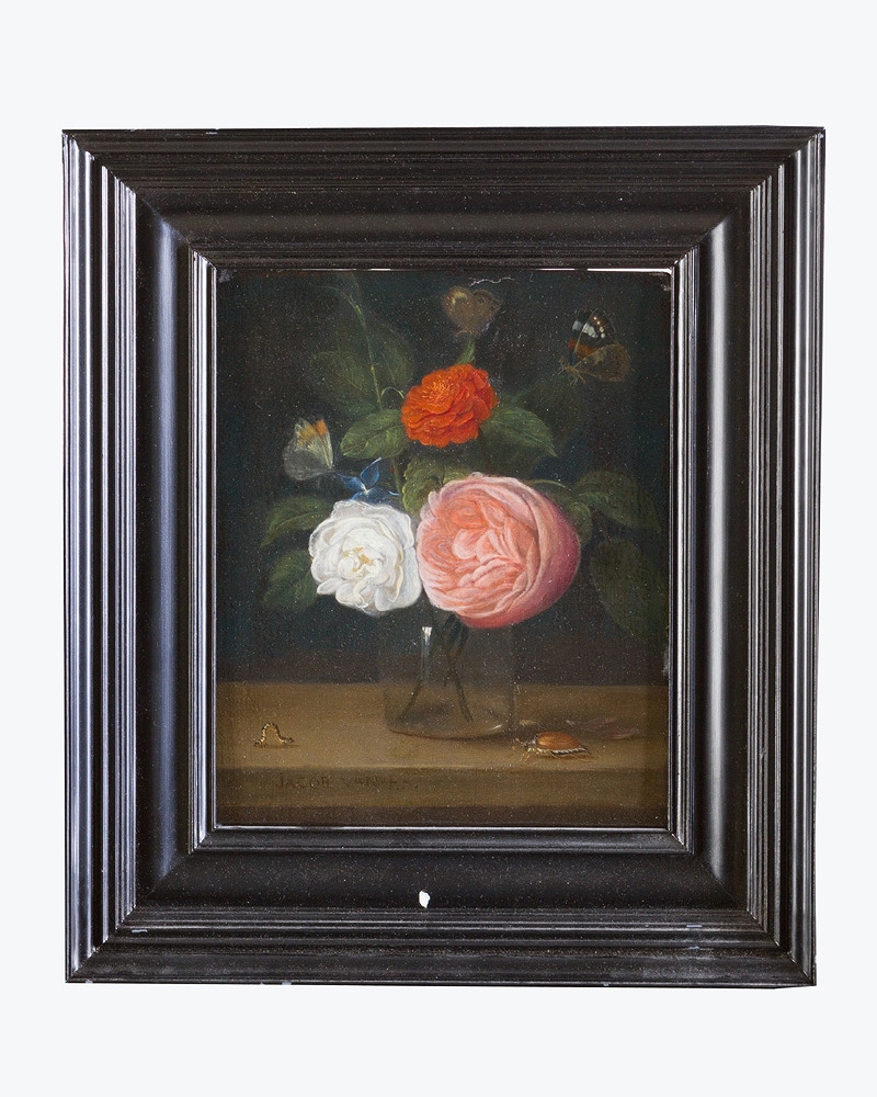 Jacob Van Es | Still life with flowers and insects in glass vase on a ...