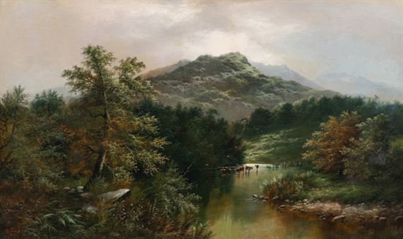 Edgar Longstaffe | English river landscape with cows in late summer ...