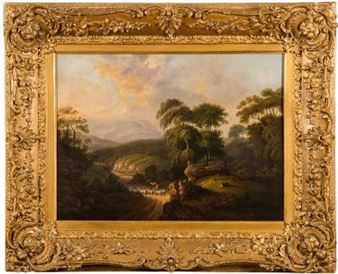 George Barret Sr. | A wooded river landscape with a man and his dog by ...