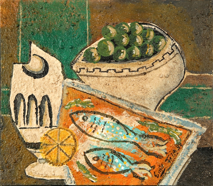 Emil Filla | Still Life with Fish and Bowls on Table (1949) | MutualArt