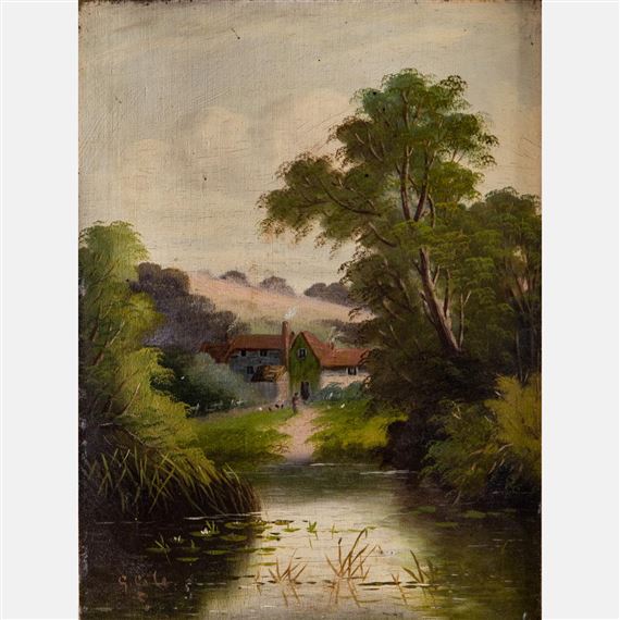 George Cole | River Scene with Cottage and Figures | MutualArt