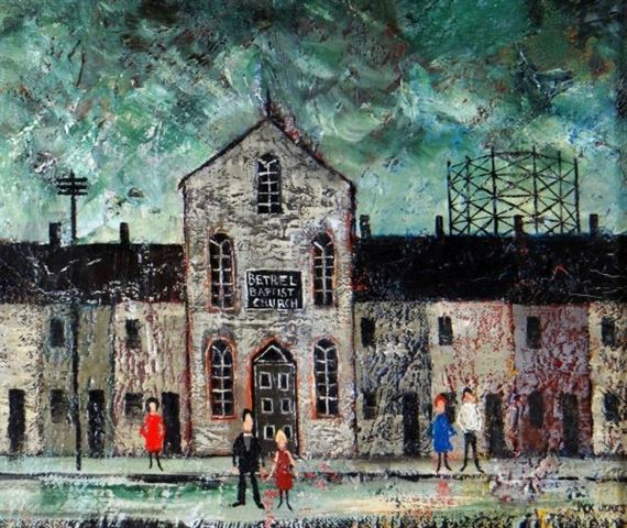 Jack Jones | Street Scene with Chapel & Five Facing Figures | MutualArt