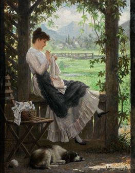 Carl Schweninger, Jr. | Young woman sewing | MutualArt