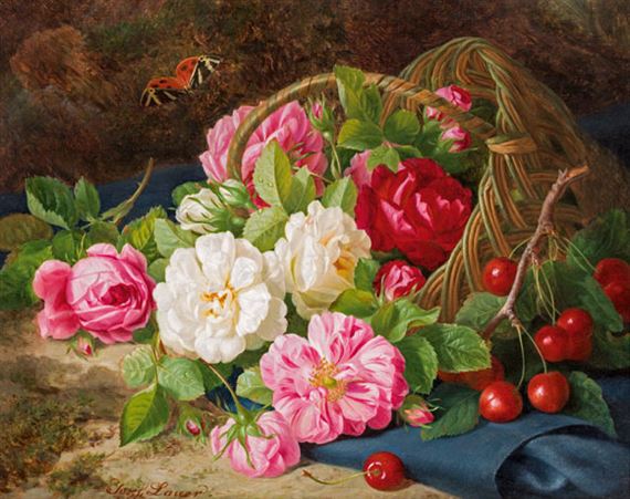 Josef Lauer | Forest ground still life with roses and cherries | MutualArt