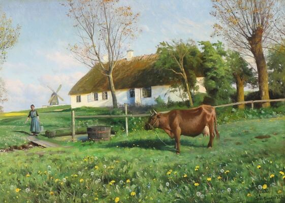 Peder Mork Monsted | A milkmaid on her way to milk the cow (1925 ...