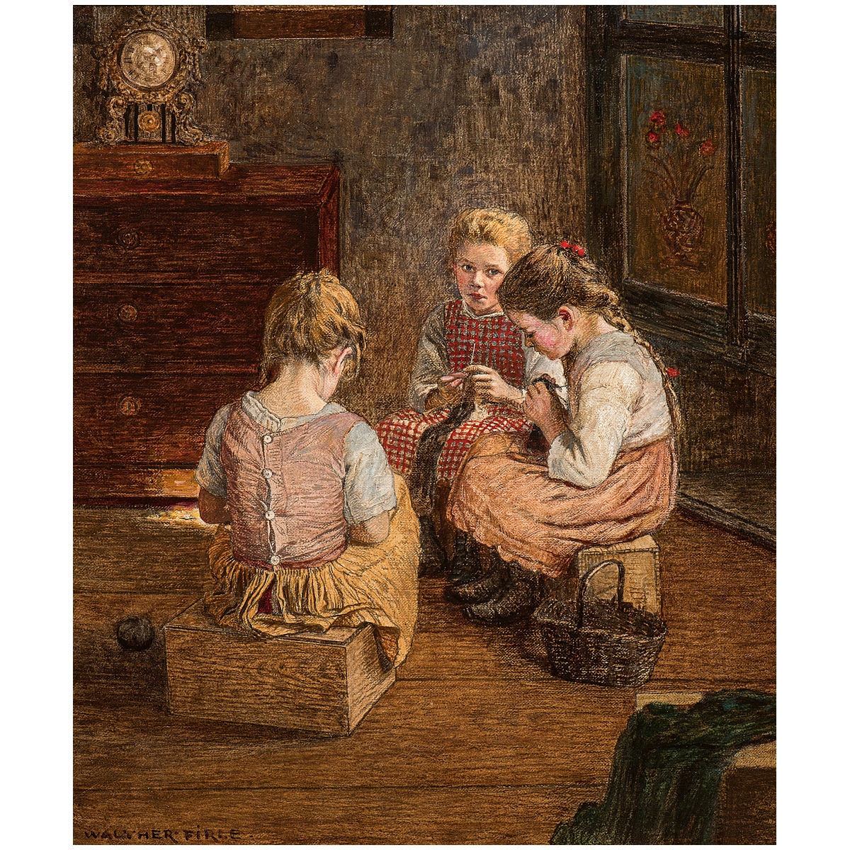 Walter Firle | Three knitting girls | MutualArt