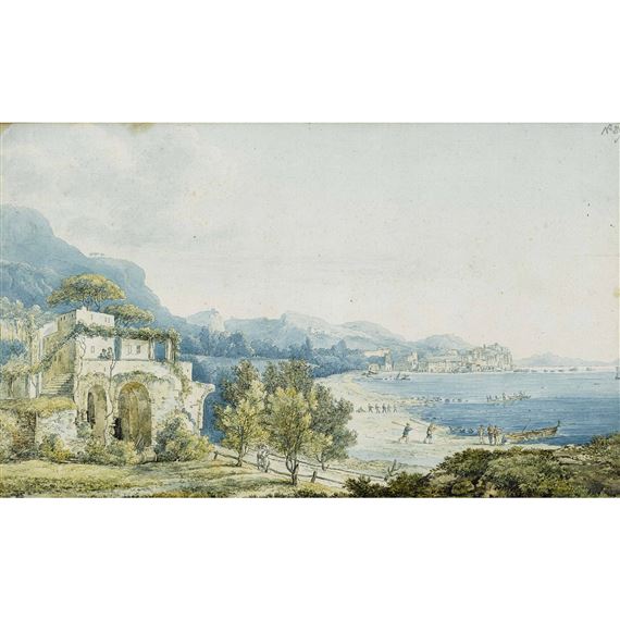 Franz Kaisermann | Italienische Küstenlandschaft mit Ruine und Fischern ...