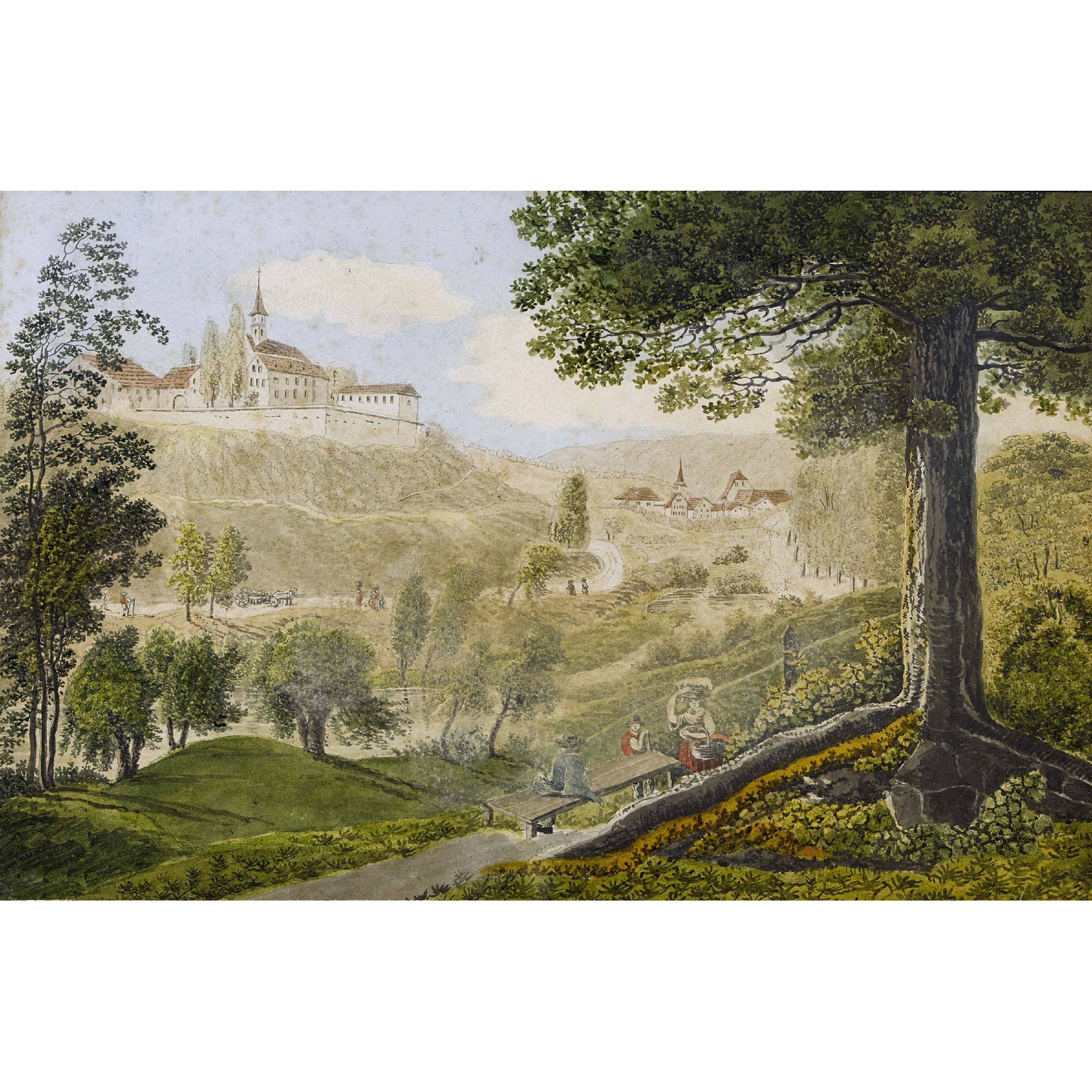 Friedrich Salathé | Landschaft mit Bauern, Schloss und Dorf | MutualArt