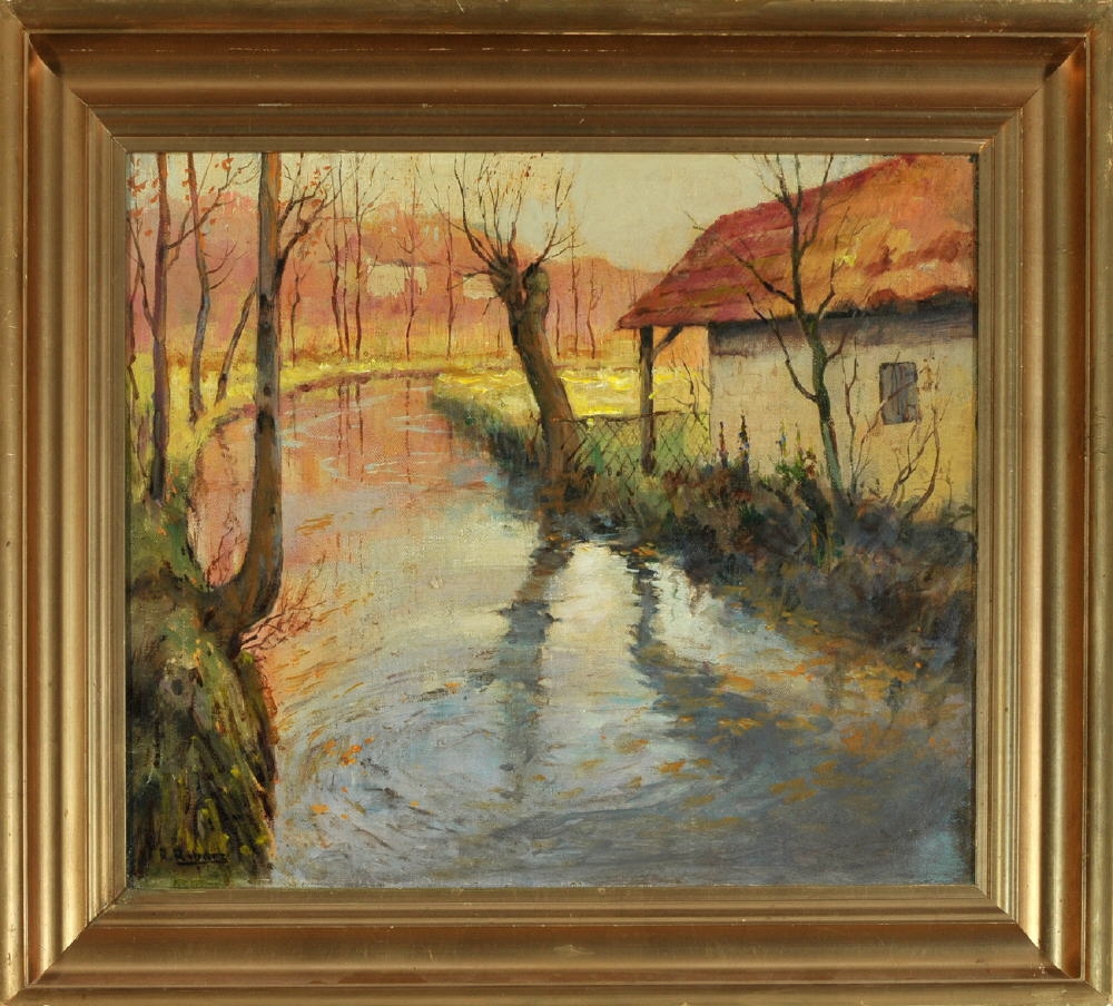 Rudolf Ribarz | Herbstlandschaft mit Flusslauf und Haus | MutualArt