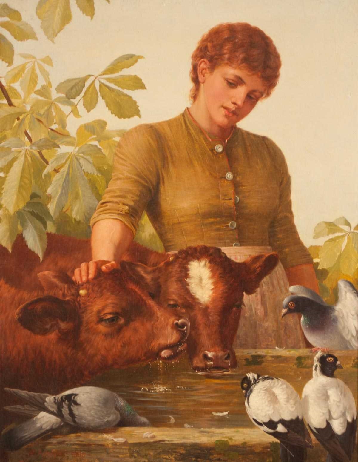 Robert Farren | Milkmaid with calves and birds at the watering trough ...