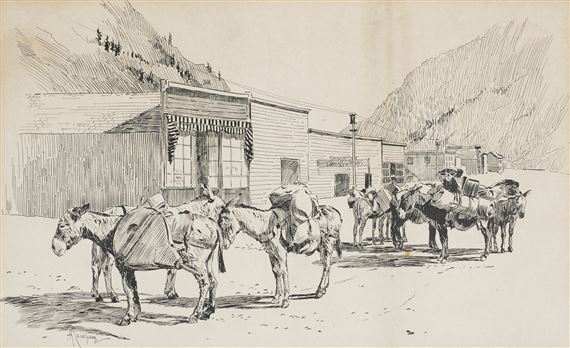 Arthur Rackham | Burros Outside a Building | MutualArt
