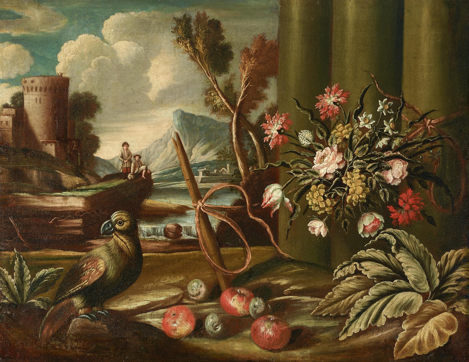 Giacomo Nani | A capriccio with flowers, fruit and a bird in the ...