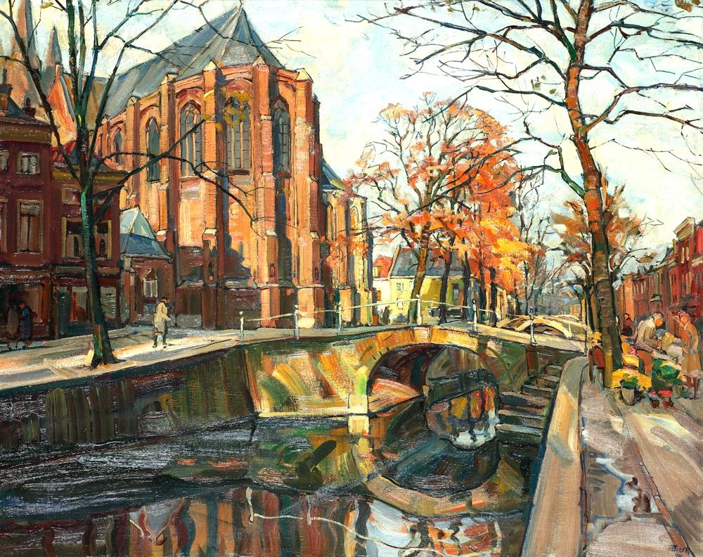 Emil Rizek | Oude kerk te Delft aan de Oude Gracht (1949) | MutualArt