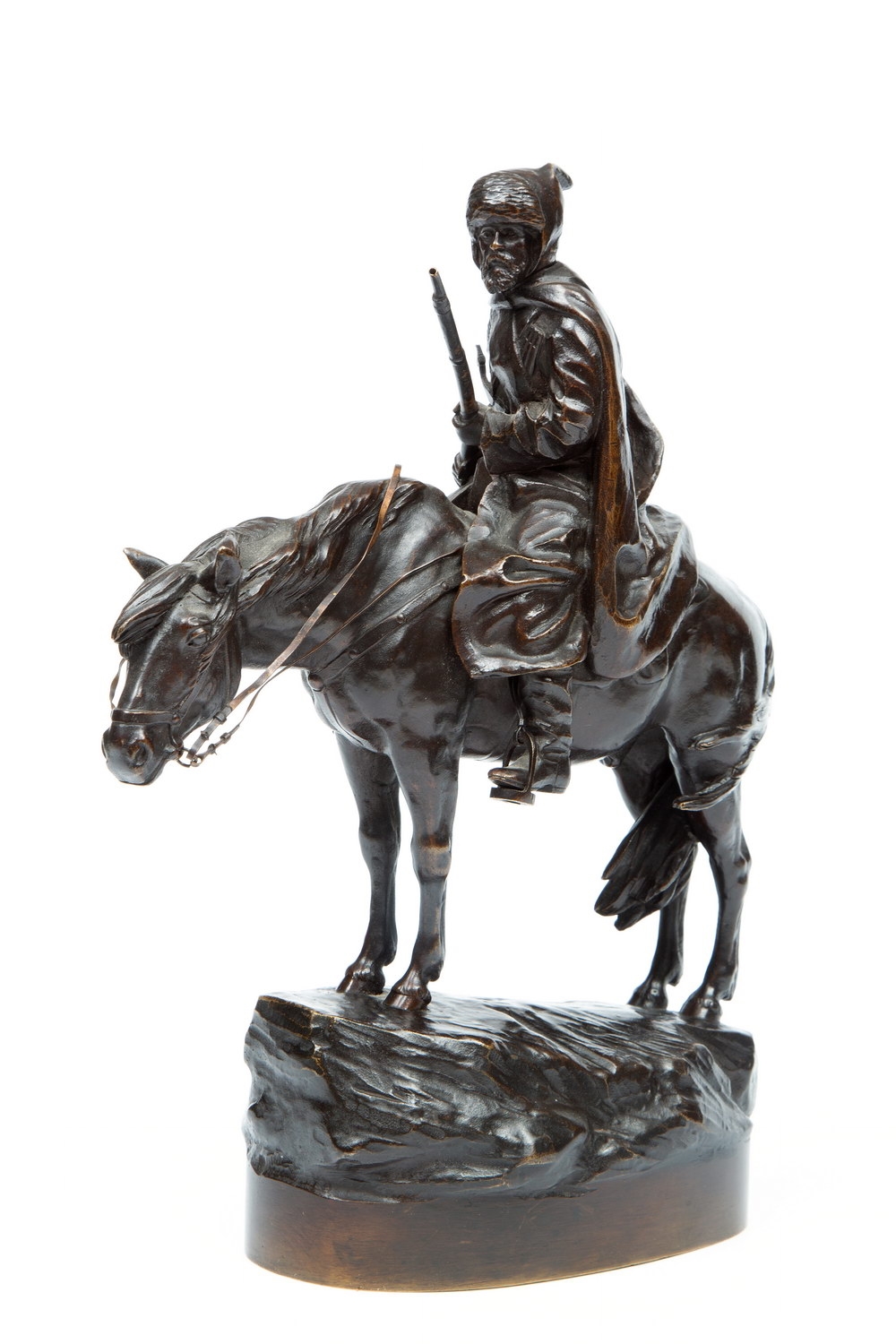 A. M. Bonegor | Kozak op paard staand op hoge voet in vorm van rots ...