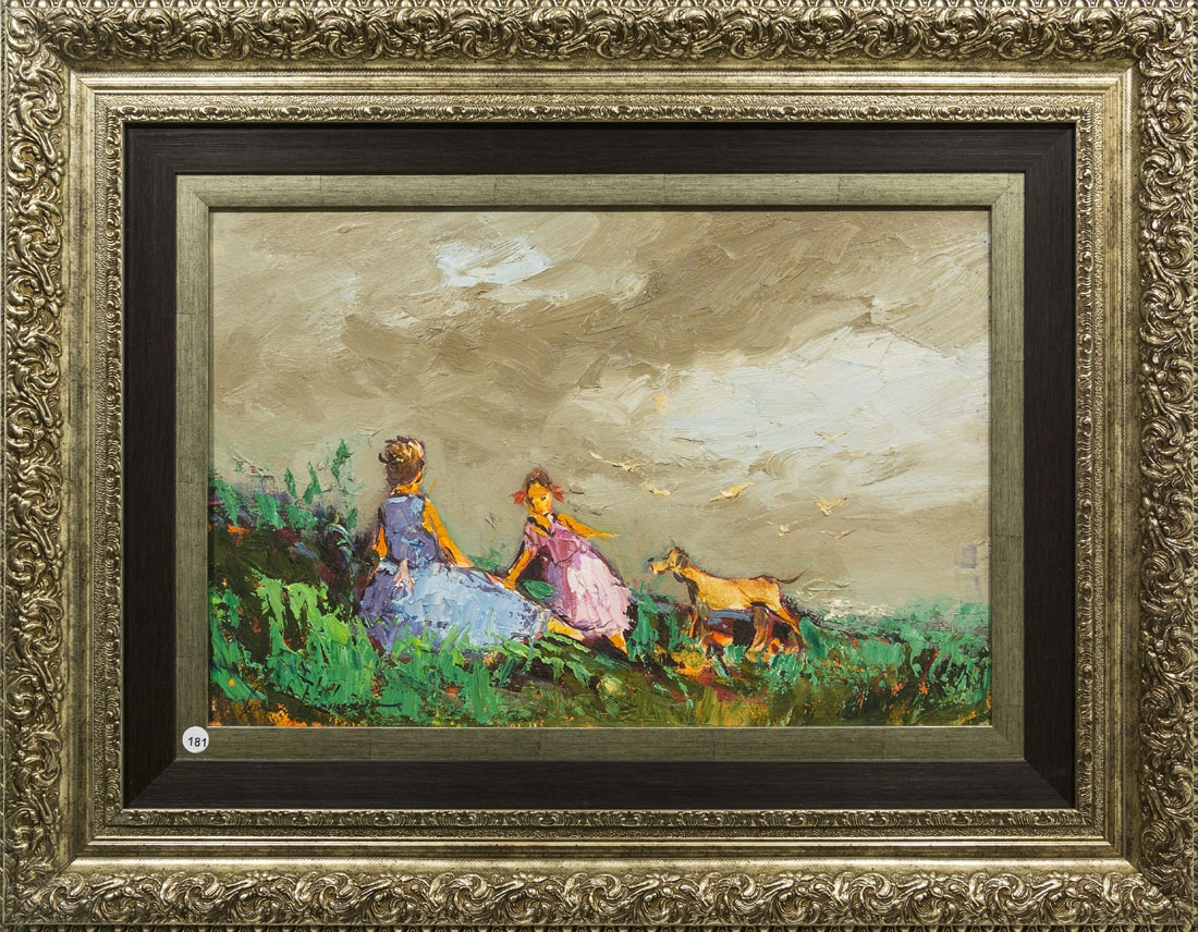 Corné Weideman | Two Girls Playing with a Dog | MutualArt